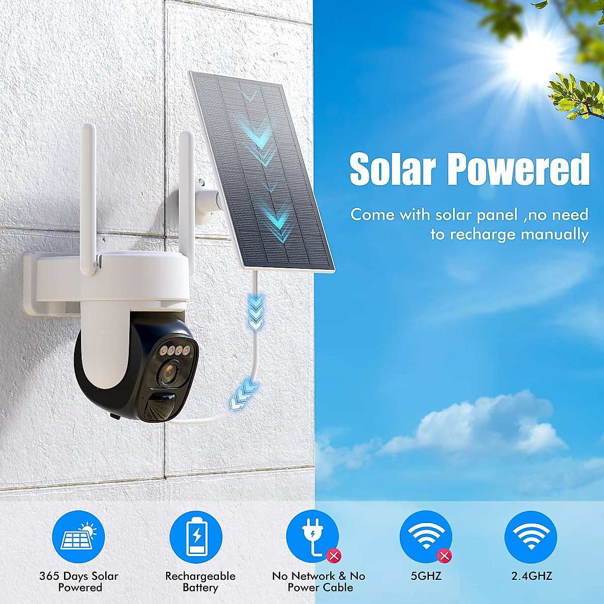 Hawkray Solar Security Cameras Wireless Outdoor ，2K 360° View Pan Tilt Low Power Consumption WiFi Security Cameras with AI Motion Detection, Two-Way Audio,Color Night Vision