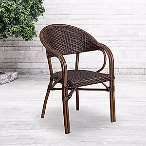Flash Furniture Milano Series Dark Brown Rattan Restaurant Patio Chair with Red Bamboo-Aluminum Frame