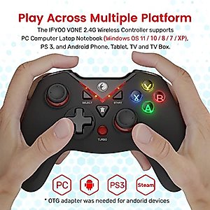 IFYOO VONE 2.4G Wireless Game Controller, Dual-Vibration Gaming Gamepad Joystick for PC Windows 11 10 8 7 Steam, PS3, Android Phone Tablet TV, Laptop Notebook Computer - Red, 2x White Joystick Caps