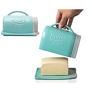 Ceramic Mason Jar Butter Dish w/ Lid and Handle – Decorative, Farmhouse Butter Holder in Adorable Aqua Blue/Teal Color – Convenient, Retro Butter Storage Container Made of Chip-Free Ceramic