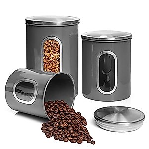 Moss And Stone 3 Piece Gray Canisters Sets For The Kitchen, Kitchen Jars With See Through Window | Airtight Coffee Container, Tea Organizer, And Sugar Canister, Kitchen Canisters Set of 3 (Grey)
