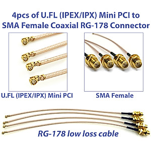 Pack of 4 RF U.FL(IPEX/IPX) Mini PCI to SMA Female Pigtail Antenna Wi-Fi Coaxial RG-178 Low Loss Cable (7 inches (17.8 cm)))