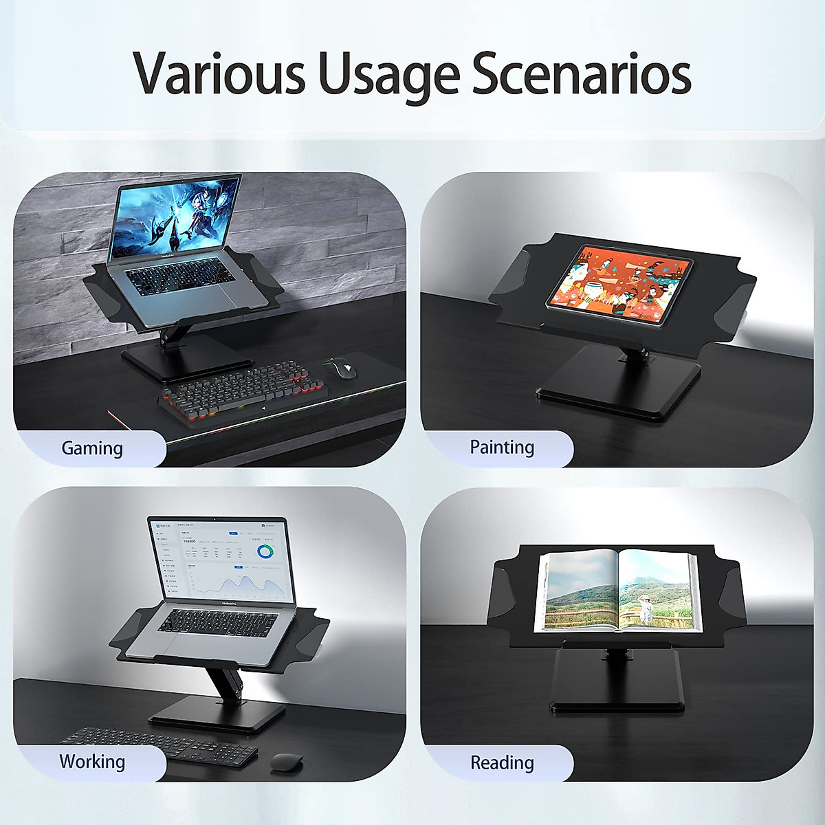 JOY worker Laptop Stand for Desk Adjustable Height, Gas Spring Laptop Holder Riser, Multi-Angle Foldable Aluminum Computer Stand for Laptop, Compatible with Laptops Up to 17 Inch, Black