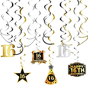 16th Birthday Decorations for Boys- Happy Birthday Banner Black and 16th Birthday Hanging Swirls, 16 Birthday Decorations Boy, 16 Birthday Decorations