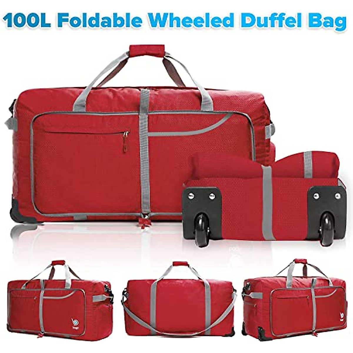 Bago Rolling Duffle Bag with Wheels - 30" 100L Foldable Weekender Bag, Waterproof Travel Duffel Bag, Heavy Duty lightWeight Duffle Bag for Traveling, Rolling Duffel Bag with Wheels (Red)