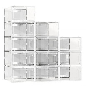 Shoe Storage Boxes Clear Plastic Stackable,12 Pack Modular Shoe Organizer for Closet, Shoe Containers Case Display for Sneaker Storage, White