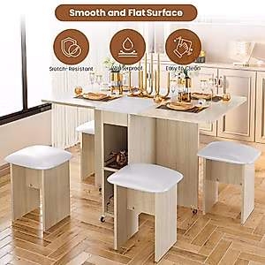 furlinkhm Folding Dining Table Set for 4, Dinner Table with 4 Leather Chairs and Shelves, Space Saving Foldable Dining Table with 6 Wheels, Kitchen Table for Small Spaces (Beige)