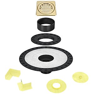 4” Drain Grate Kit - Compatible with Schluter Kerdi Shower Drain - Square Shower Floor Drain Kit with Flange - SUS 304 Stainless Steel Grate & 2 Inch ABS Flange & CUPC Certification - Brushed Brass