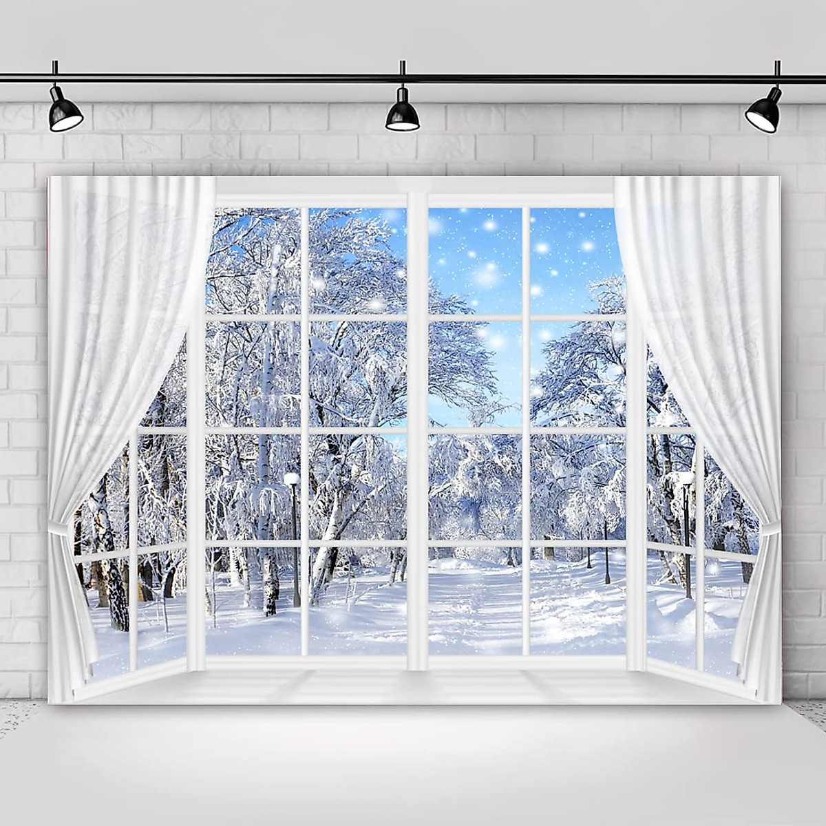 Winter Scene Backdrop Holiday Wonderland Snowflake Photography Background Window Forest Christmas Party Decoration Tree Landscape Kids Portrait Photobooth Photo Studio Props 7x5ft White