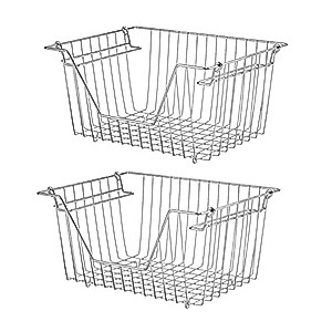 Slideep 12.2'' Large Stackable Storage Baskets Cabinet Organizer Sturdy Metal Wire Pantry Freezer Bin for Pantry Home Bathroom Kitchen Organization 2 Packs