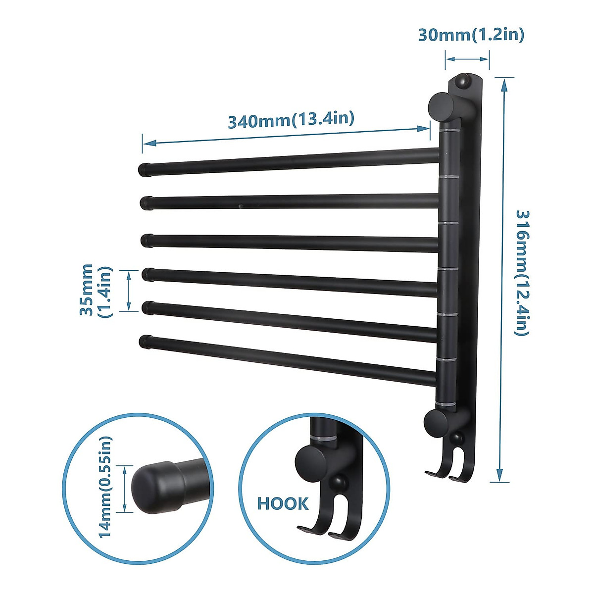Space Saving Towel Rack JSVER Black Space Saving Towel Holder, Towel Rack Wall Mounted, Swivel Hand Towel Holder, 6-Arms Towel Bar, Towel Racks for Bathroom