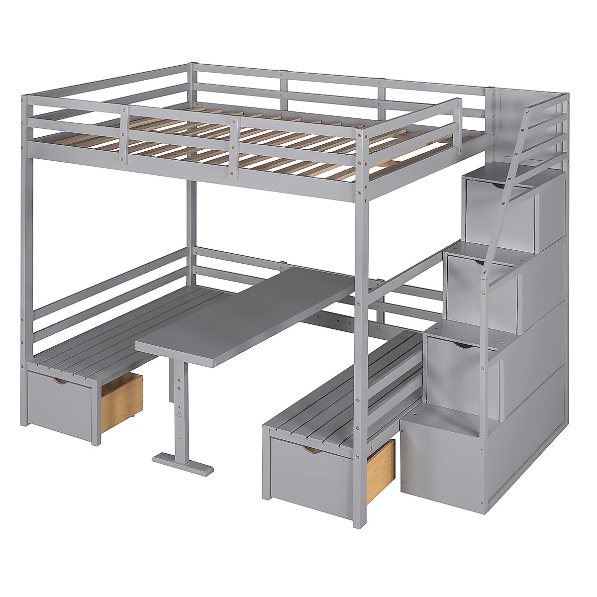 BOVZA Full Over Full Bunk Bed with Staircase, Convertible Dorm Loft Bed with Desk, Seat and Storage Drawers for Kids Boys Girls Teens, Gray