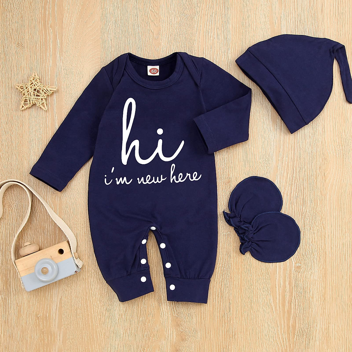 GRNSHTS Newborn Baby Boy Romper Coming Home Outfits Letter Print Bodysuit Jumpsuit+Hat+Gloves 3PCS Clothes Set (A-Navy Blue, Newborn)