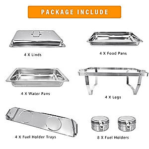 PRIJESSE 4 Pack 8QT Chafing Dish Buffet Set Stainless Steel Food Warmer Chafer Complete Set with Water Pan, Chafing Fuel Holder for Party Catering,Silver