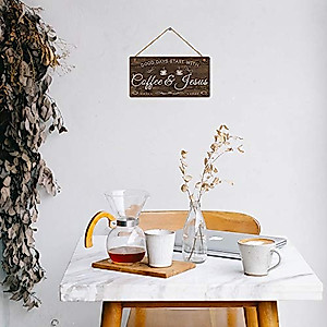 Putuo Decor Coffee Sign, Kitchen Coffee Bar Decor, 12 x 6 Hanging Plaque, Gifts for Coffee Lover (Good Days Start with Coffee & Jesus)