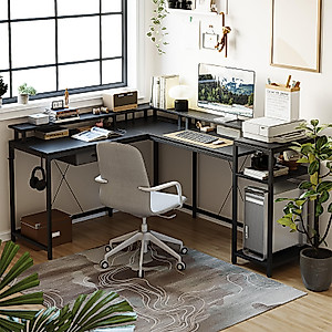 Jojoka 68" L Shaped Gaming Desk, Computer Desk with Power Outlets & LED Lights, Home Office Desk with File Drawer, Corner Desk with Monitor Shelf and Hook, Two Person Desk (Black)