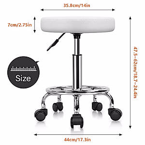 KKTONER PU Leather Round Rolling Stool with Foot Rest Swivel Height Adjustment Spa Drafting Salon Tattoo Work Office Massage Stools Task Chair Cushion 14 inches (White)
