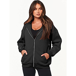 ANRABESS Womens Zip Up Hoodies Long Sleeve Oversized Sweatshirts Fleece Y2K Jacket Pockets 2025 Fall Outfits Fashion Clothes Black Large