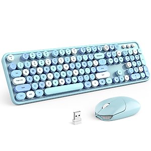 MOFII Wireless Keyboard and Mouse, Blue Colorful, Retro Typewriter Keyboards, Round Keycap Full Size Keyboard 104 Keys, USB Receiver Plug and Play, for Windows, PC, Laptop, Desktop, Smart TV