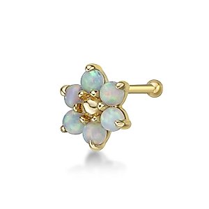 Lavari Jewelers 20 Gauge Opal Swarovski Crystals 6 Petal Flower Straight Bone Nose Stud in 14k Yellow Gold 3.5 mm 20G