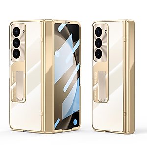 Libeagle Compatible with Samsung Galaxy Z Fold 5 Case, Non-Yellow Clear Back, Electroplated Frame, Full Hinge Protection, Screen Protector, Magnetic Stand, Thin and Slim Phone Cover 5G 2023, Gold