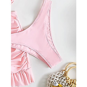 WDIRARA Women's 3 Pieces Tie Front Push Up Bikini Swimsuit with Ruched Ruffle Hem Beach Skirt Pink L