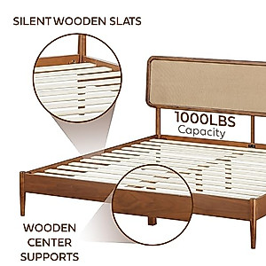 NTC Lupin Wooden Bed Frame with Headboard, Crafted from Walnut, Rubber Wood with Silent Slats and Wood Central Supports, 1000 Lb Capacity, Effortless Assembly, Queen - Dark Walnut