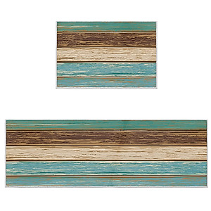 Rustic Teal Kitchen Rugs and Mats, Farmhouse Wood Board Turquoise Washable Runner Rug Non-Skid Carpet Area Mat for Kitchen, Non-Slip Beach Indoor Rubber Backing Accent Throw Low Pile Floor Doormat