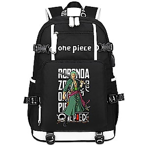 Roffatide Anime One Piece Laptop Backpack with USB Charging Port & Headphone Port Roronoa Zoro Rucksack with Printed Backpack for Men Women Graphic Travel Backpack