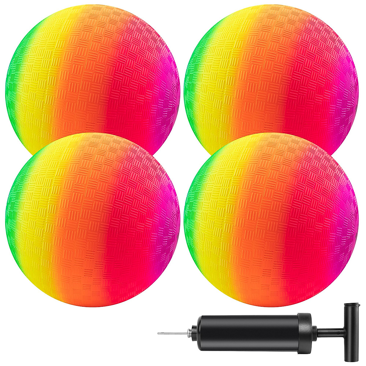 MIC MICSOA Playground Balls Kickballs 8.5 Inch, Rainbow Playground Ball Set for Kids and Adults, Dodgeball Kick Balls Handball for Indoor & Outdoor Schoolyard Games with Hand Pump(4 Pack)
