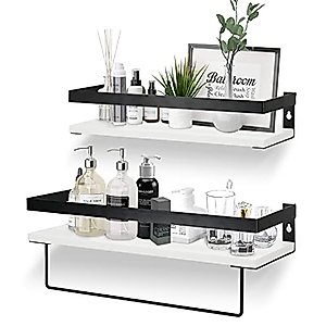 Y&ME YM Bathroom Floating Shelves for Wall, White Wall Storage Shelves with Towel Bar, Bathroom Shelf Over Toilet Storage Shelving Wall Mounted for Kitchen, Bathroom,Laundry Room Set of 2 (White)
