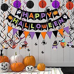 Happy Halloween Banner Paper Triangle Flag Bunting Circle Confetti Dots Hanging Garland Honeycomb Ball Swirl Streamers for Halloween Party Decorations