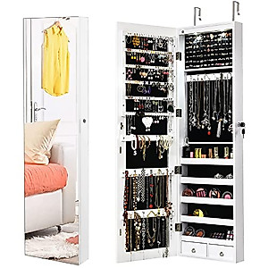 Byroce 47.5''H Jewelry Armoire, Over the Door/Wall Mounted, Full Length Mirror with Jewelry Storage, 2-LED Lockable Jewelry Cabinet with 2 Drawers, Hanging Jewelry Organizer for Bedroom (White)