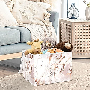 Kigai Storage Basket Rose Gold Abstract Marble Storage Boxes with Lids and Handle, Large Storage Cube Bin Collapsible for Shelves Closet Bedroom Living Room, 16.5x12.6x11.8 In