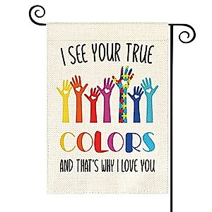AVOIN colorlife Autism Awareness Garden Flag Double Sided I See Your True Colors Hands, Puzzle Piece Inspirational Support Yard Outdoor Decoration 12 x 18 Inch