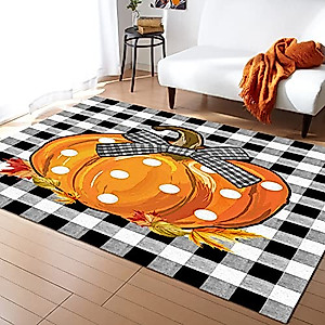 Area Rug Indoor Carpet Fall Orange Pumpkin Thanksgiving Black Buffalo Plaid Home Decor Soft Rugs Collection Comfy Floor Mat Bow Watercolor Leaf Accent Rugs for Bedroom Living Room Kids Room