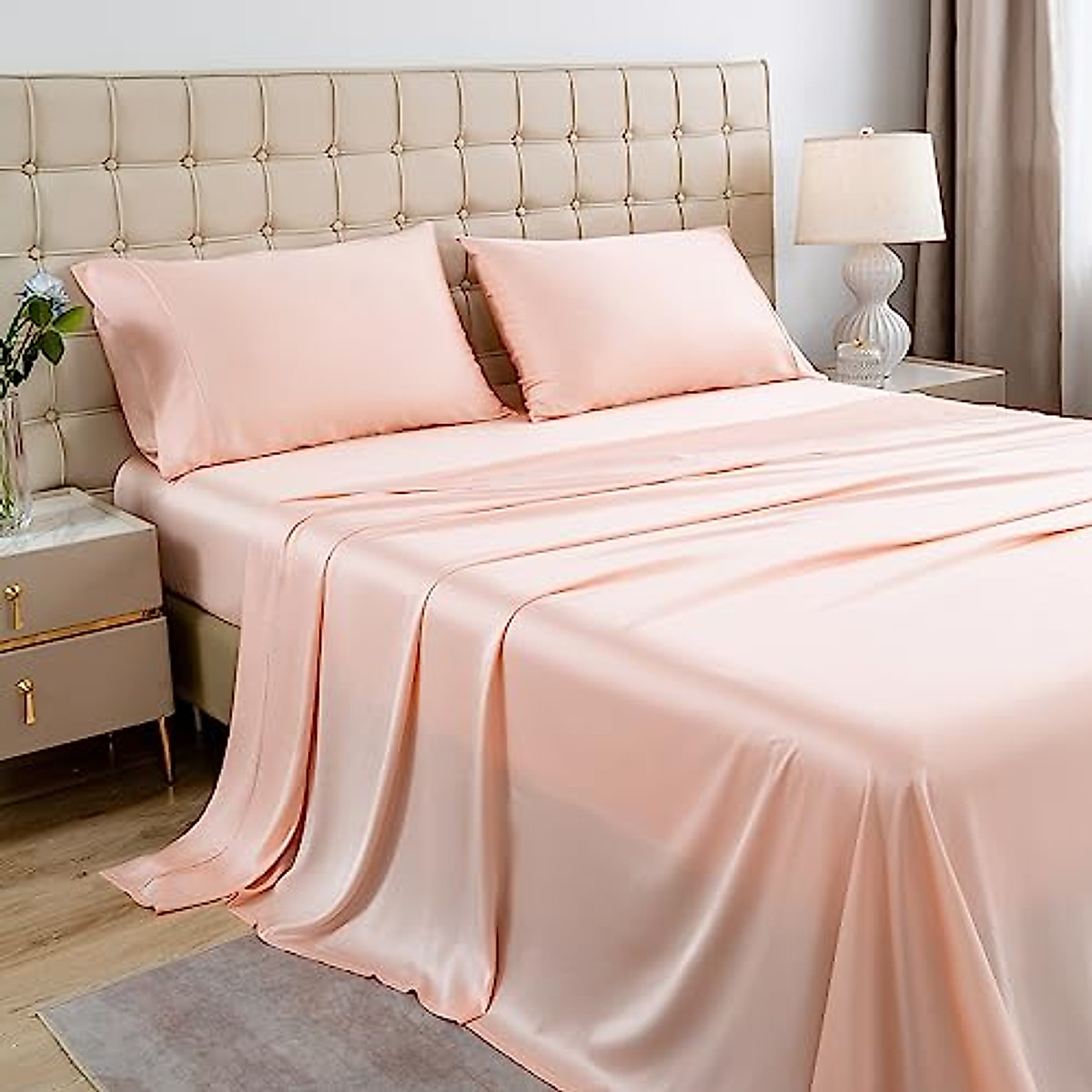 MEISHANG Bamboo Sheet Set Queen Size - 100% Pure Organic Viscose - 400TC Bamboo Cooling Bed Sheets Set - Fit 16 Inch Deep Pocket - 4 Piece Set Silky Soft Luxury - Queen, Light Pink
