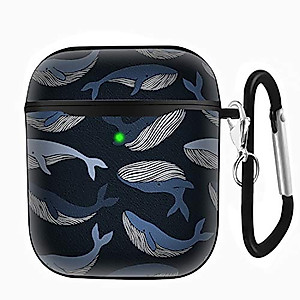Slim Form Fitted Printing Pattern Cover Case with Carabiner Compatible with Airpods 1 and AirPods 2 / Ocean Whale Pattern