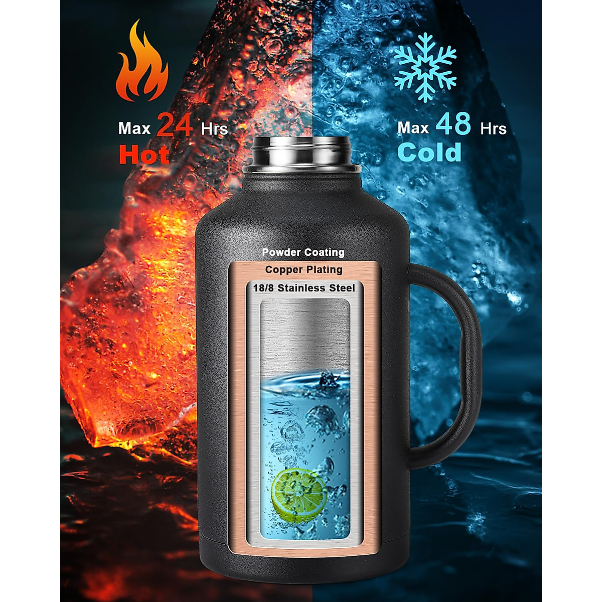 Topre Half Gallon Water Bottle with Straw and Lid, 64 oz Insulated Stainless Steel Jug with Handle,Reusable Metal Travel Flask Mug Cup With Carry Pouch and Brush,Keep Cold & Hot,Black