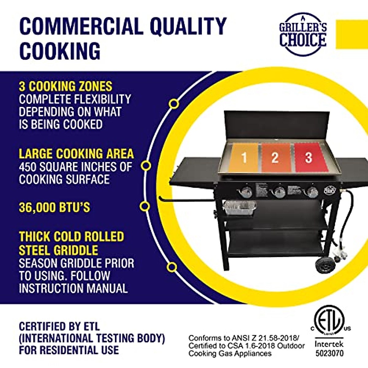 Griller's Choice Outdoor Griddle Grill Propane Gas Flat Top - Hood Included, 4 Shelves, Disposable Grease Cups, 36,000 BTU's, Large Cooking Area, Paper Towel Holder.