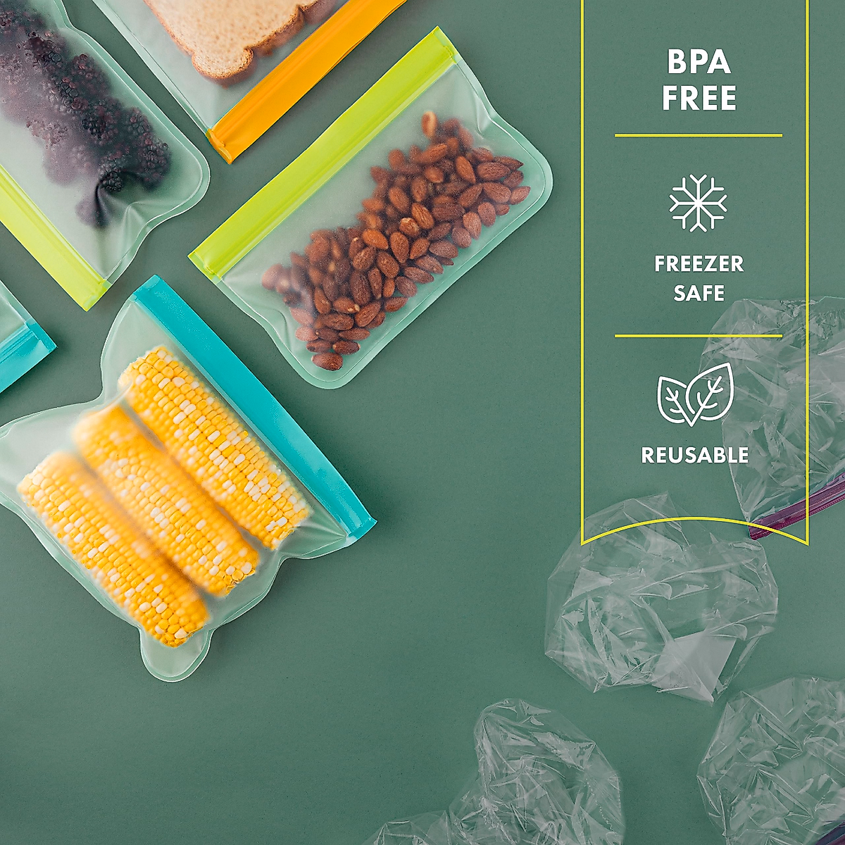 Pack of 10 Freezer Bags - BPA-FREE - Reusable Food Grade Storage Bags - Leakproof, - 2 Gallon Size, 4 Snack Size, 4 Sandwich Bags.