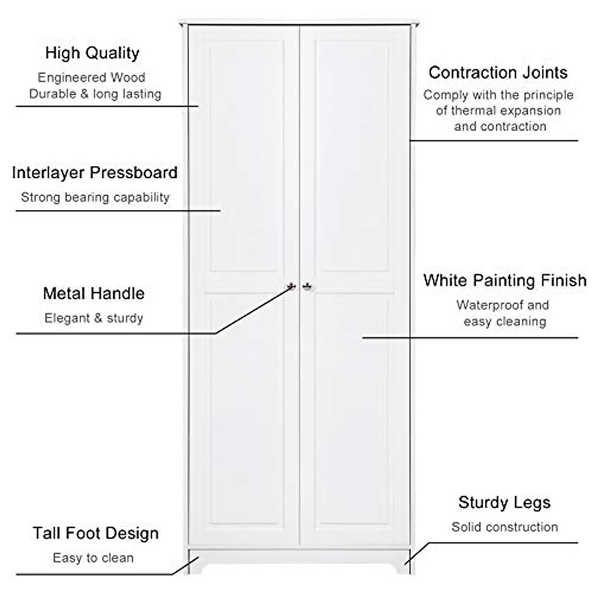 VINGLI Tall Pantry Storage Cabinet, 72'' Kitchen Pantry Cabinet, Freestanding Room Storage, Cupboard, 2 Door Pantry for Laundry Room, Kitchen, Apartment, Solid Wood, White