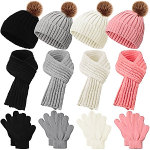 Liitrsh 4 Sets Kids Winter Hat Gloves Scarf Set Girls Boys Knit Hat Long Scarf Snow Gloves Outdoor for Toddler(Warm Colors)