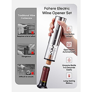 FOHERE Electric Wine Opener, Automatic Electric Wine Bottle Corkscrew Opener with Foil Cutter, Wine Aerator Pourer, Vacuum Stopper, and Charging Base, Rechargeable (Stainless Steel)
