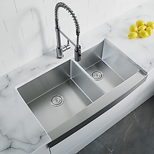 Dowell 10" Deep Apron Front Farmhouse Undermount Double Bowl 35-7/8x20-3/4 Stainless Steel Kitchen Sink (16 Gauge, 6008 3620D)