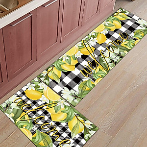 Aomike Summer Lemon Kitchen Mats 2 Piece, Lemon Green Leaves Flower Welcome Kitchen Rugs Set Buffalo Plaid Check Inside Floor Mat for Kitchen/Office/Entryway, 15.7" x 23.6"+15.7" x 47.2"