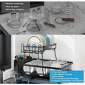 Dish Drying Rack, 2 Tier Large Dish Racks, Stainless Steel Dish Rack, Detachable, Space Saver, Anti Rust, Dish Drainers for Kitchen Counter With Drainboard and Drainage, 16"*12"*13", Black