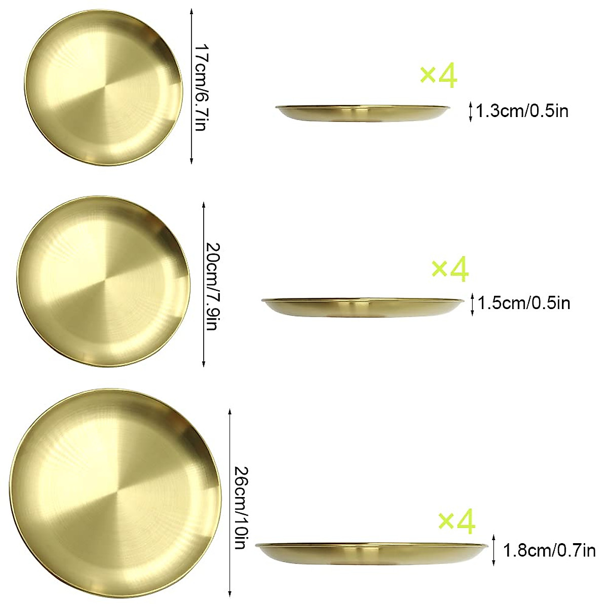 12 Pack Stainless Steel Plates, Reusable Brushed Metal Dinner Plates, Durable Metal Dinner Dishes for Picnic BBQ Steak(gold)