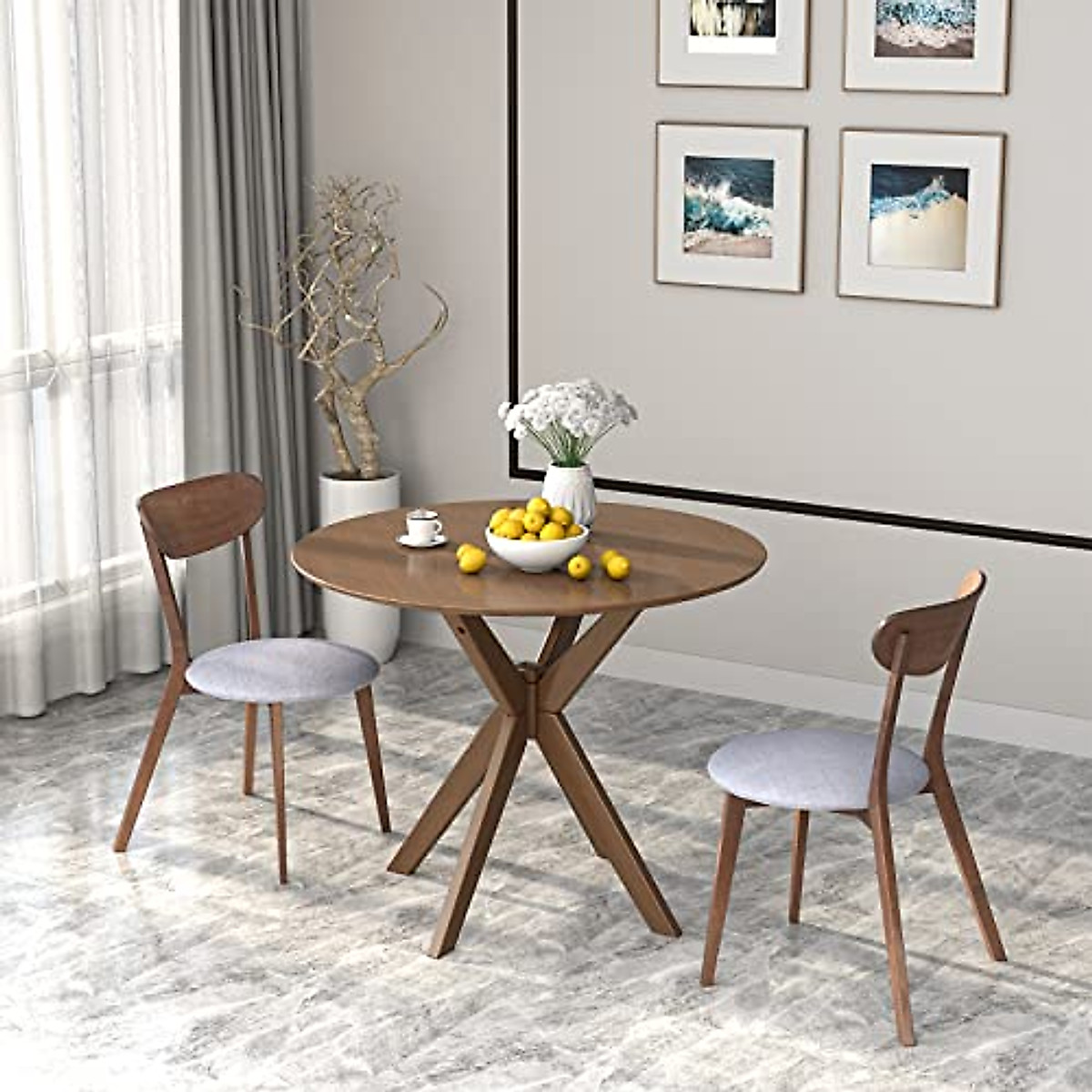 Giantex 3-Piece Dining Table and Chair Set, Wooden Kitchen Table Set, Farmhouse Round Kitchen Table and 2 Cushioned Dinette Chairs, Mid-Century Dining Table Set for Dining Room, Kitchen, Living Room