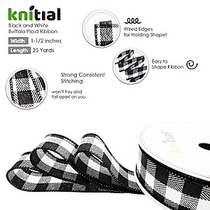 Knitial Wired Buffalo Plaid Ribbon 1-1/2 Inches x 25 Yards Black and White Buffalo Check Ribbon for Gift Wrapping, Crafts, and Decorations